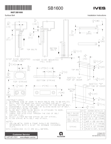 Ives SB1600 Series Surface Bolt Template | Manualzz