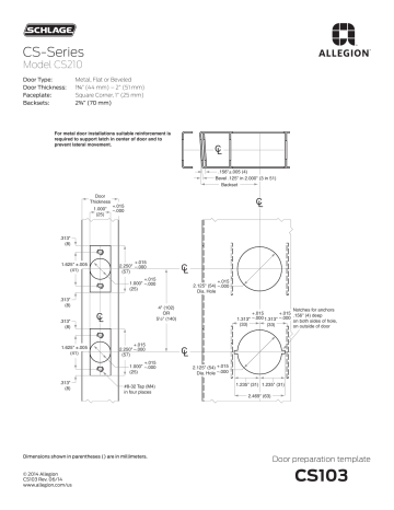 Schlage CS-Series Model CS210 Door Prep Template | Manualzz
