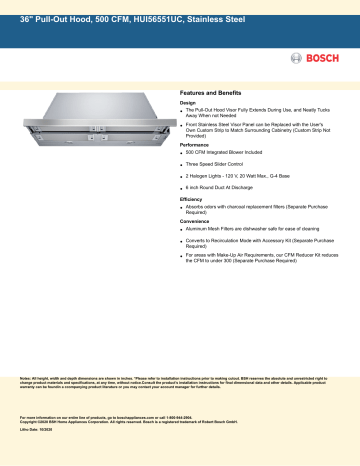 Bosch HUI56551UC 36 Inch Under Cabinet Range Hood Spec Sheet | Manualzz
