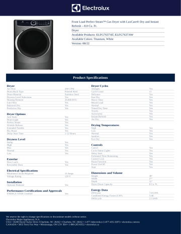 Electrolux ELFG7637AW 27 Inch Gas Dryer Spec Sheet | Manualzz