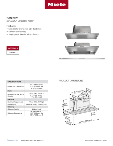 Miele DAS2920 36 Inch Under Cabinet Slide-Out Range Hood Spec Sheet ...