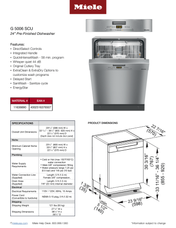 Miele G5006SCU 24 Inch Full Console Dishwasher Spec Sheet | Manualzz