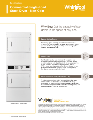 Whirlpool CSP2970HQ 27 Inch Electric Stack Dryer Spec Sheet | Manualzz