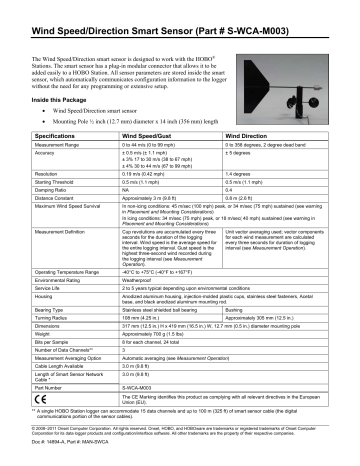 Onset S-WCA-M003 Wind Speed/Direction Smart Sensor Owner's Manual ...