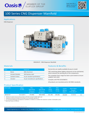 Oasis 100 Series CNG Dispenser Manifold Instruction Manual | Manualzz