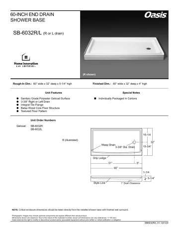 Oasis SB-6032R/L Shower Base Specifications | Manualzz
