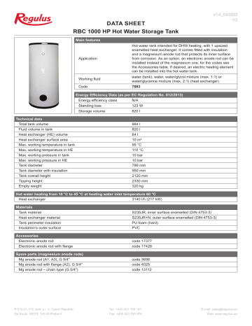 Regulus RBC 1000HP Hot Water Storage Tank Technical Data Sheet | Manualzz