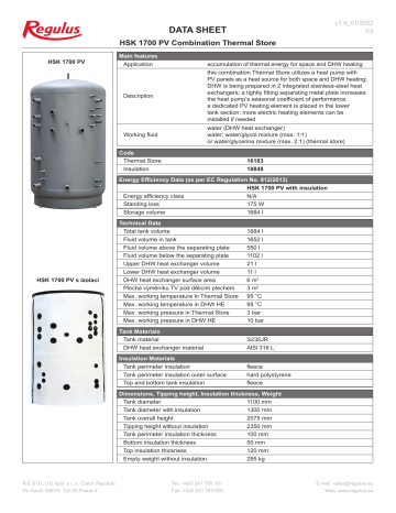 Regulus HSK 1700 PV Thermal Store Technical Data Sheet | Manualzz