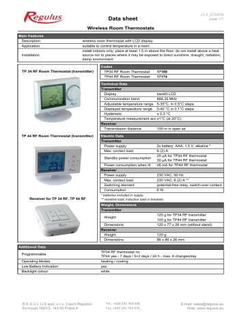 Regulus TP34 RF Room Thermostat Technical Data Sheet | Manualzz