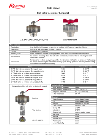 Regulus Magnet Filterball Ball Valve Technical Data Sheet | Manualzz