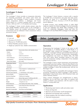 Solinst 3001 Levelogger® 5 Junior Datasheet | Manualzz