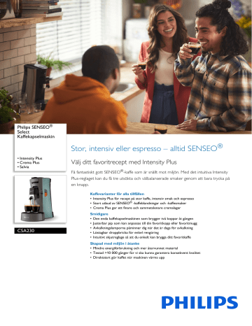 Philips CSA230/10R1 SENSEO® Select Kaffekapselmaskin Produktdatablad | Manualzz