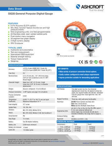 Ashcroft DG25 Digital Pressure Gauge Datasheet | Manualzz