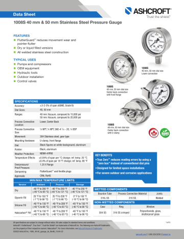 Ashcroft 1008S Pressure Gauges – 40/50/63/100mm Datasheet | Manualzz