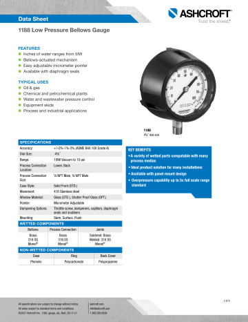 Ashcroft 1188 Low Pressure Bellows Gauge Datasheet | Manualzz