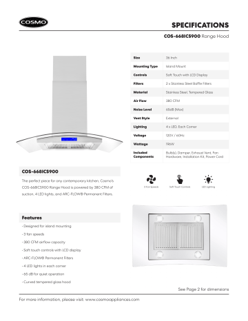 Cosmo COS-668ICS900 Island Range Hood Specifications | Manualzz