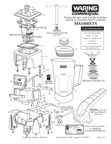 Waring MX1000XTS Hi-Power Blender Parts Diagram | Manualzz