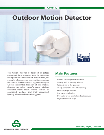 Everspring SP816 Outdoor Motion Detector Specifications | Manualzz
