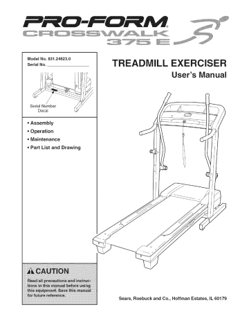 Proform 831246230 Crosswalk 375e Treadmill Owner's Manual | Manualzz