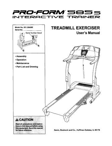 Proform 831294060 ProForm 585S Treadmill Owner's Manual | Manualzz