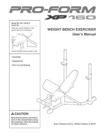 Proform 831156150 XP160 Weight System Owner's Manual | Manualzz