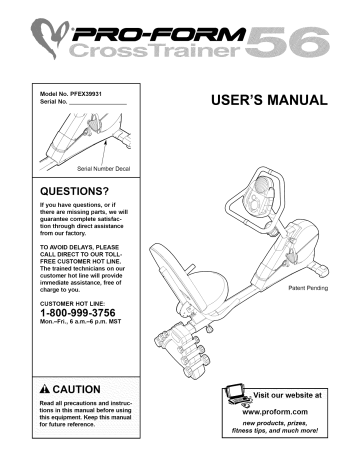 Proform PFEX39931 Cross Trainer 55 Owner's Manual | Manualzz