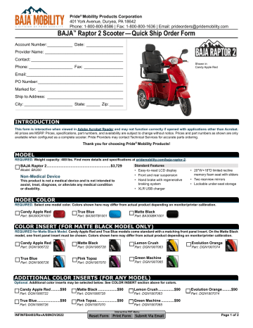 Pride Mobility Baja Raptor 2 Order Form Owner's Manual | Manualzz