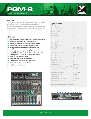 Yorkville PGM8 Stereo Mixer Spec Sheet | Manualzz