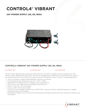 Control4 Vibrant 30 60 96 Watt Power Supply Data Sheet | Manualzz