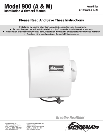 GeneralAire 900 Humidifier Installation instructions | Manualzz