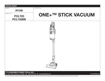 RYOBI PCL720BN 18V ONE+ CORDLESS STICK VAC Repair Sheet | Manualzz