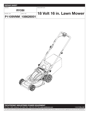 Ryobi P1190VNM 18V ONE+ HP Brushless 16” Lawn Mower Kit User manual ...