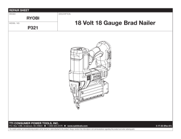 RYOBI P321 18V ONE+ AirStrike 18GA Brad Nailer Repair Sheet | Manualzz
