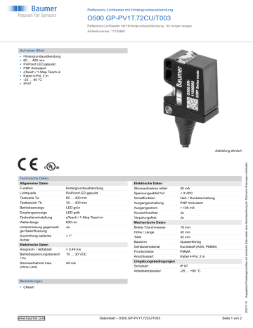 Baumer O500.GP-PV1T.72CU/T003 Diffuse sensor Data sheet | Manualzz