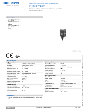 Baumer FHDK 07P6901 Diffuse sensor Data sheet | Manualzz