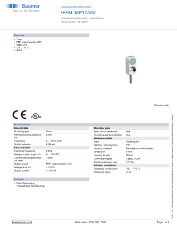 Baumer IFFM 08P17A6/L Inductive proximity switch Data sheet | Manualzz