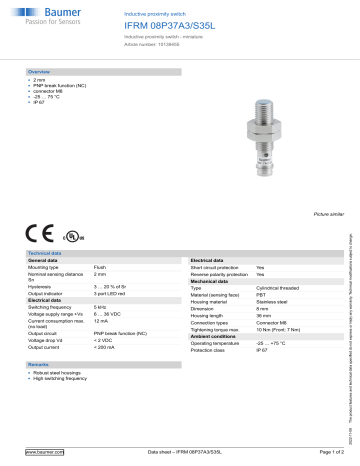 Baumer IFRM 08P37A3/S35L Inductive proximity switch Data sheet | Manualzz