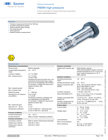 Baumer PBMN high pressure Pressure measurement Data sheet | Manualzz