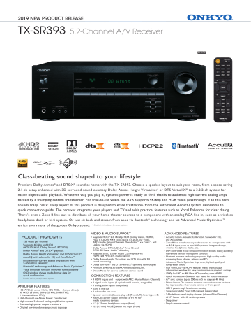 Onkyo TX-SR393 5.2-Channel AV Receiver Spec Sheet | Manualzz