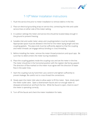 Neptune T-10® Meter Installation Instructions | Manualzz