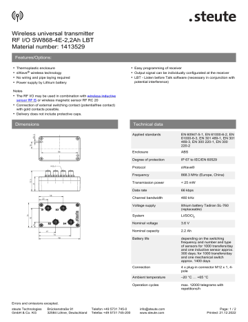 Steute RF I/O SW868-4E-2,2Ah LBT Data Sheet | Manualzz