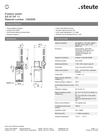 Steute ES 97 DF 11 Data Sheet | Manualzz