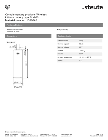 Steute Lithium battery type SL-760 Data Sheet | Manualzz