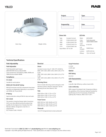 RAB Lighting YBLED Area Light Spec Sheet | Manualzz