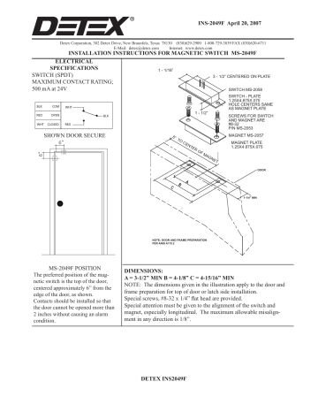 Detex MS-2049F Magnetic Switch Installation Instructions | Manualzz