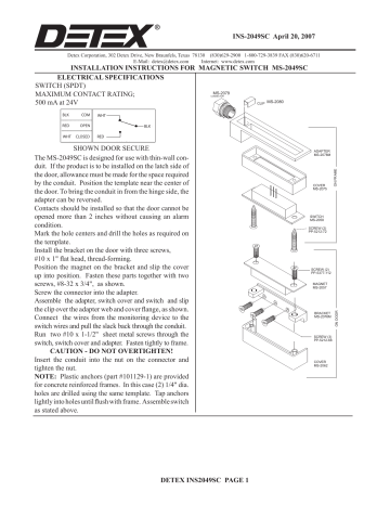 Detex MS-2049SC Magnetic Switch Installation Instructions | Manualzz