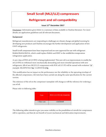 Danfoss SZ Retrofit compresseur scroll au R404A R507 ou R134a User Guide | Manualzz
