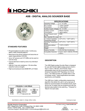 Hochiki ASB Analog Sounder Base Data Sheet | Manualzz