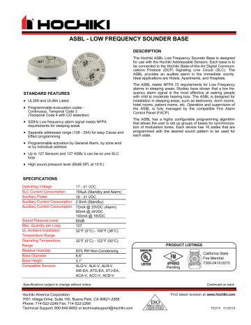 Hochiki ASBL Analog Low Frequency Sounder Base Data Sheet | Manualzz