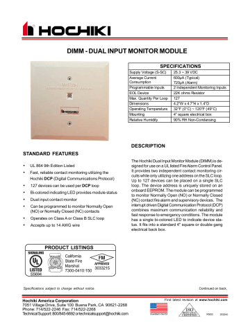 Hochiki DIMM Dual Input Monitoring Module Data Sheet | Manualzz